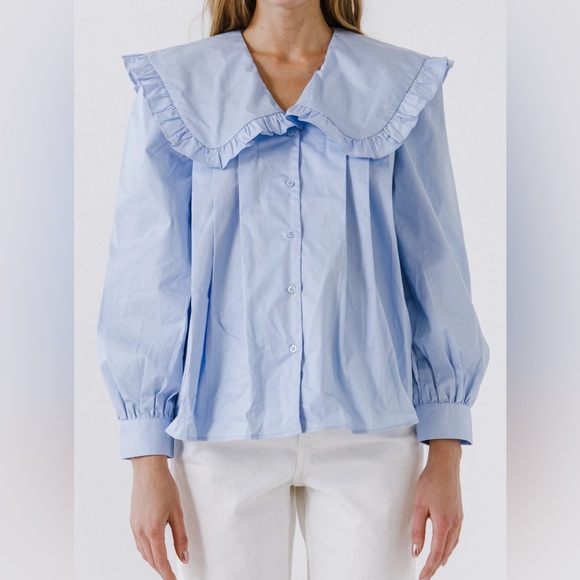 English Factory | Tops | English Factory Light Blue Ruffle Collar ...